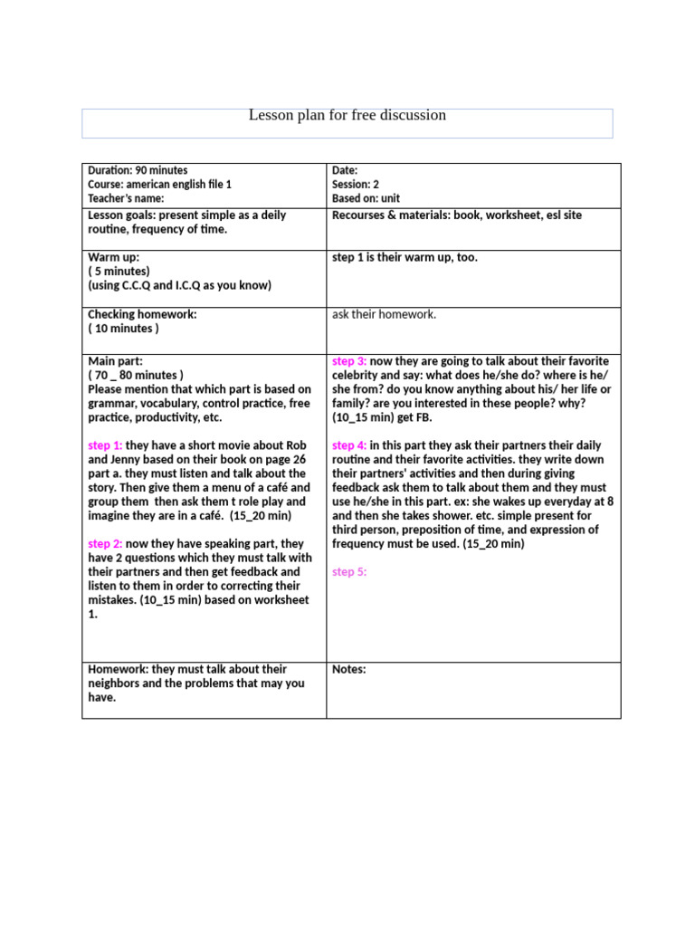 Lesson Plan For Free Discussion | PDF