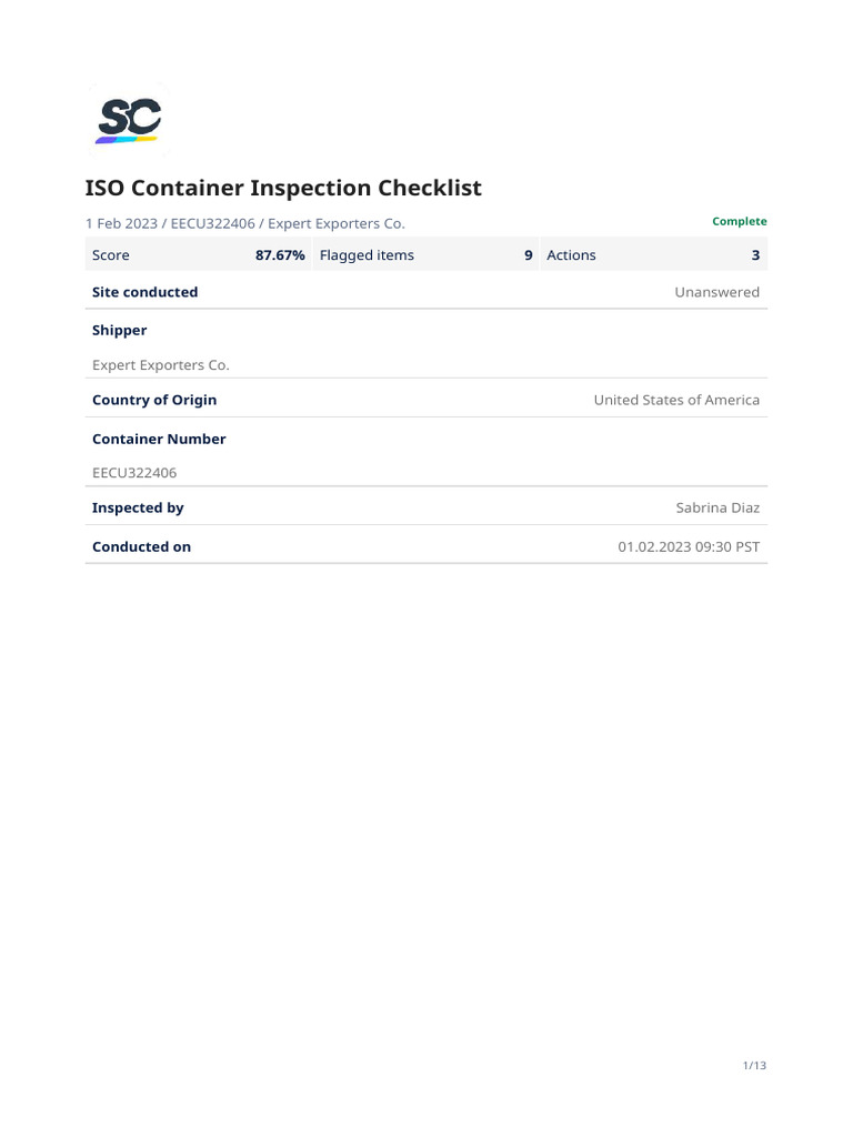 ISO Container Inspection Checklist Sample PDF Report | PDF | Door