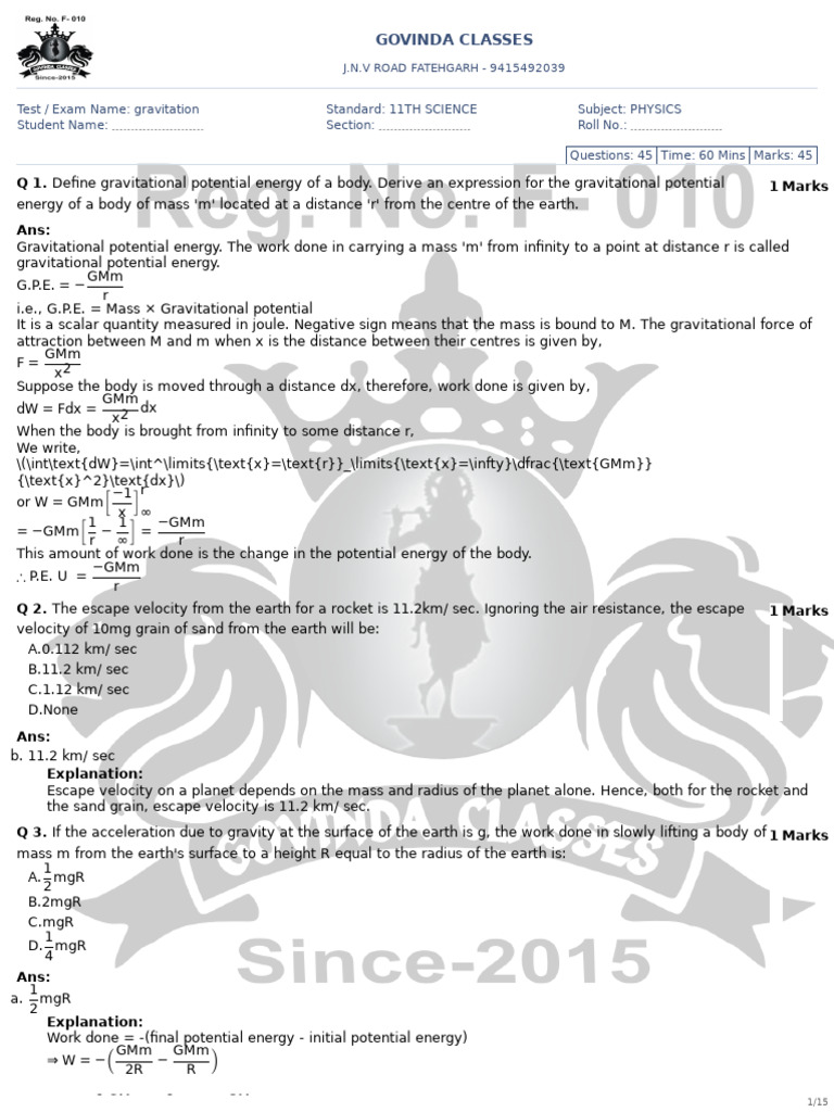 gravitation-11TH SCIENCE-PHYSICS-Answersheet | PDF | Orbit | Kinetic Energy
