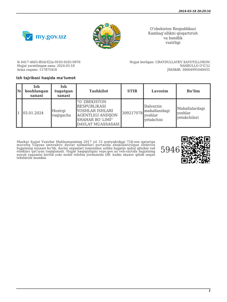 Ish Tajribasi Haqida Ma'lumot: Ish Boshlangan Sanasi Ish Tugatgan Sanasi Tashkilot Stir Lavozim ...