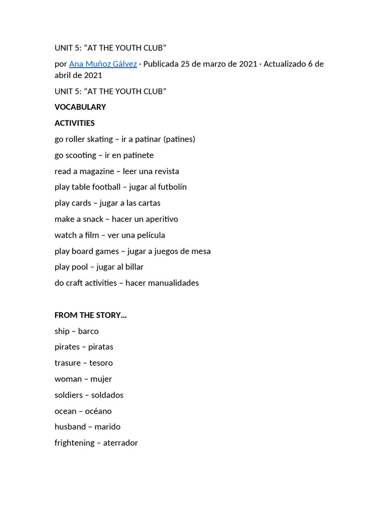 Vocabulario Unidad 5: Club Juvenil | PDF