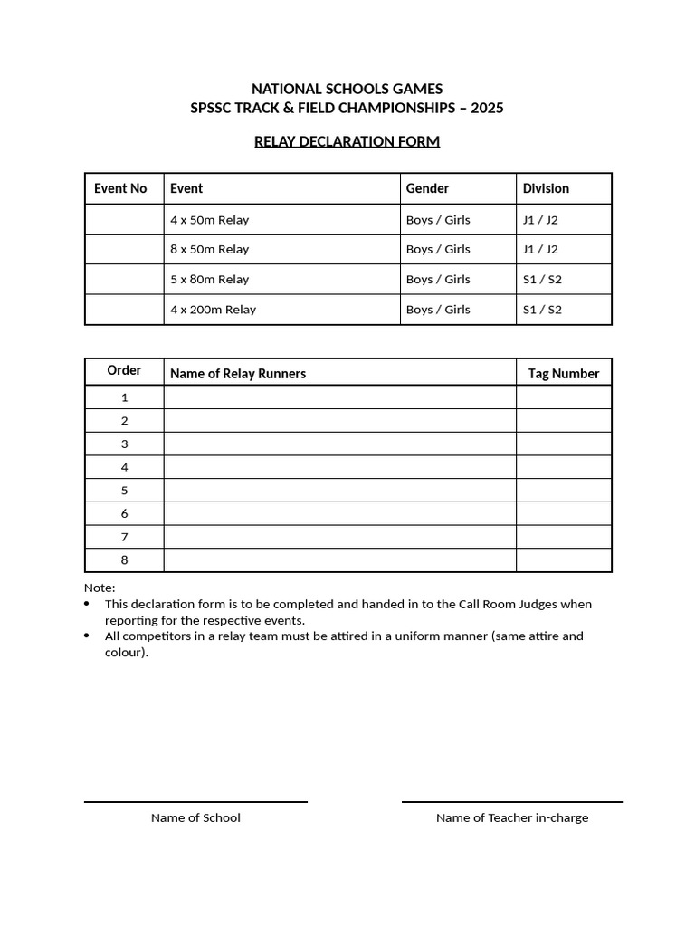 Relay Declaration Form - 2025 Championships | PDF