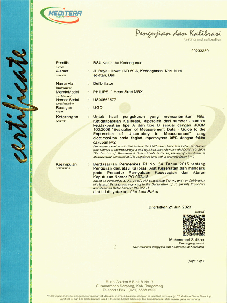 MFK 7 EP 1 Sertifikat Kalibrasi DC Shock UGD 2023 | PDF