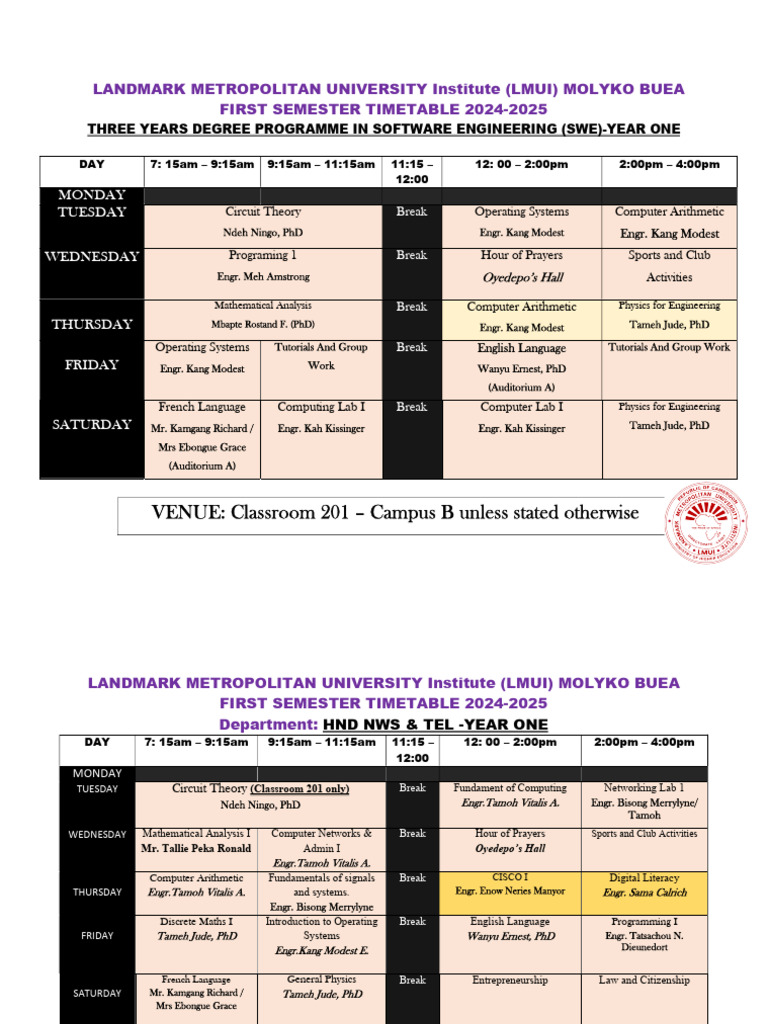 HND Time Table 2024-2025 Overview | PDF | Computing | Mathematics