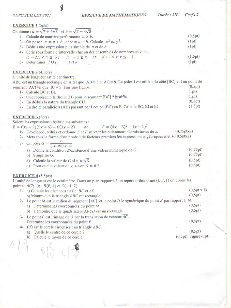 Maths Bepc 2021 | PDF