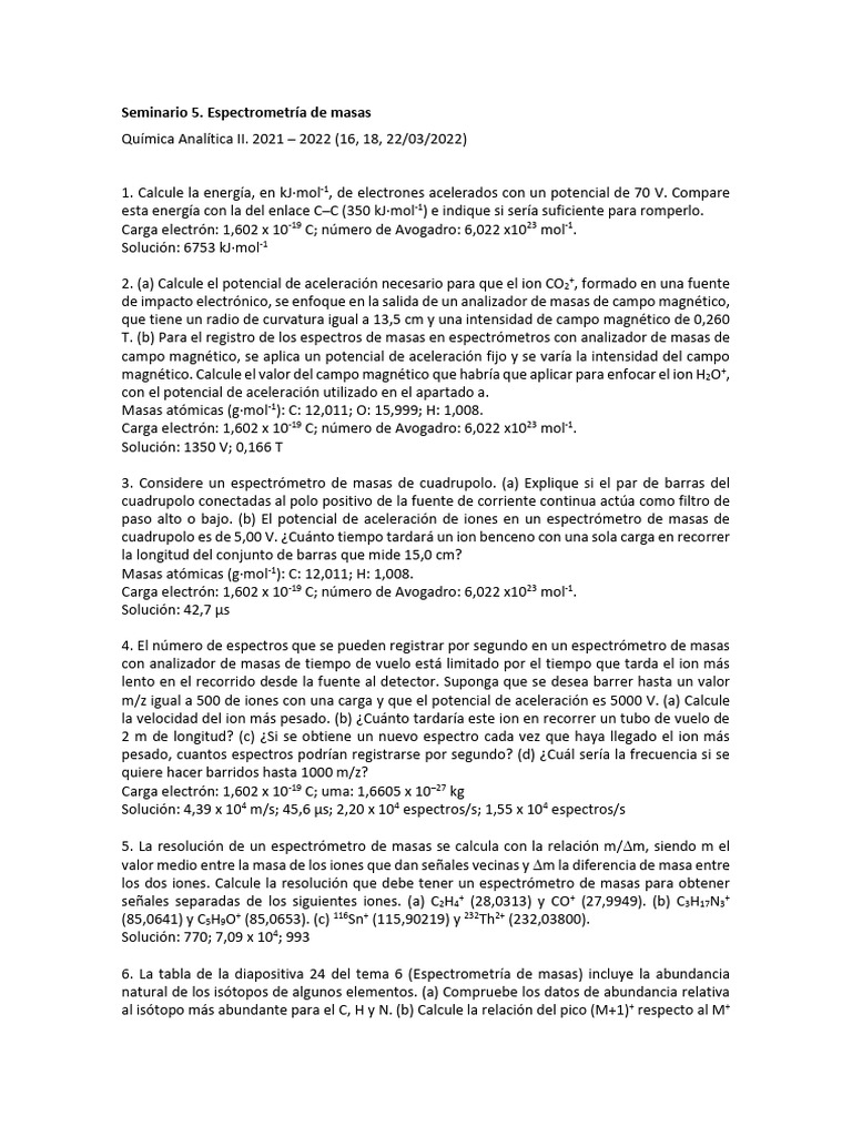 Espectrometría de masas: cálculos y análisis | PDF | Espectrometría de ...