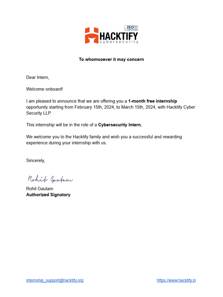 Hacktify Internship Offer Letter | PDF