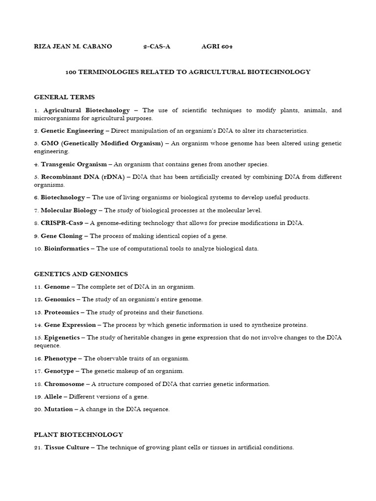 604 Agre 100-Terminologies | PDF | Biotechnology | Genetics