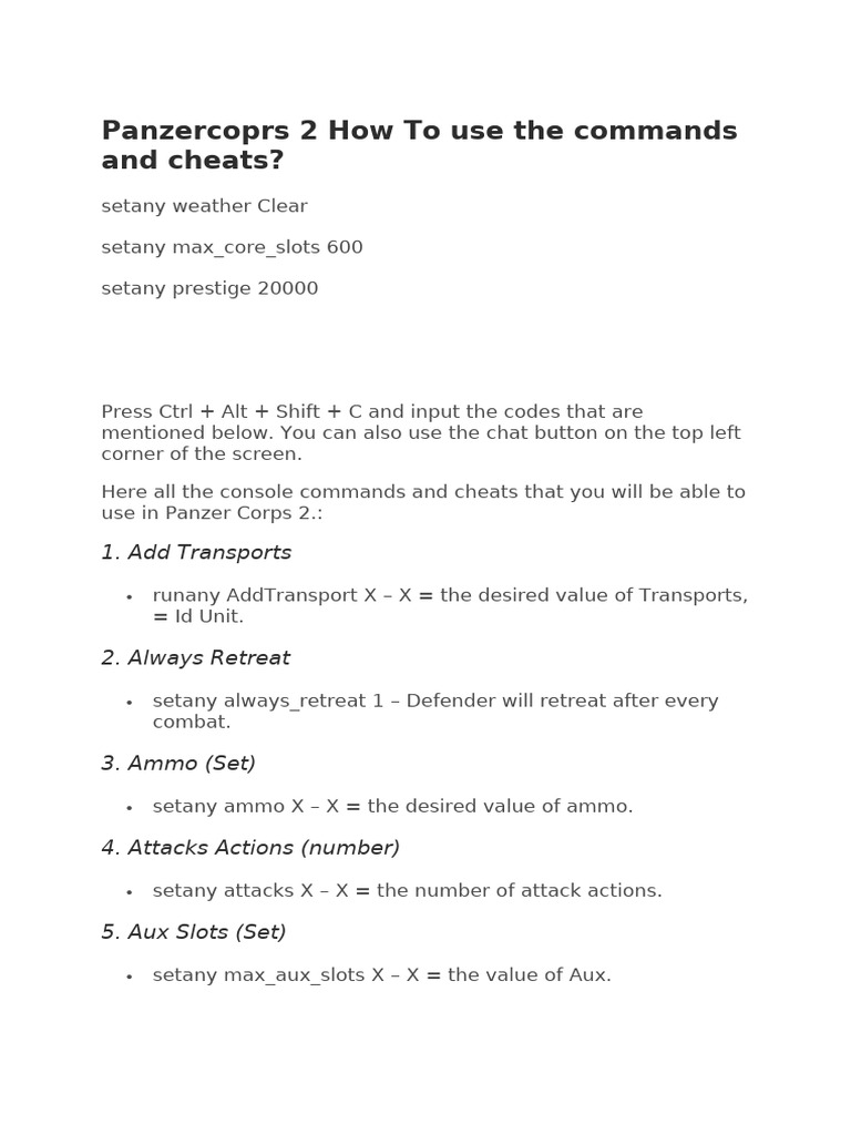 Panzercoprs 2 How To Use The Commands and Cheats | PDF | Battles And ...