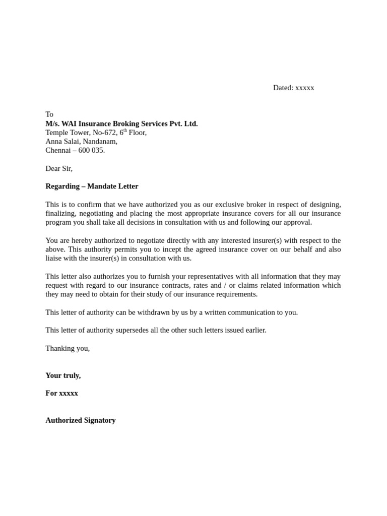 Mandate Letter Format | PDF