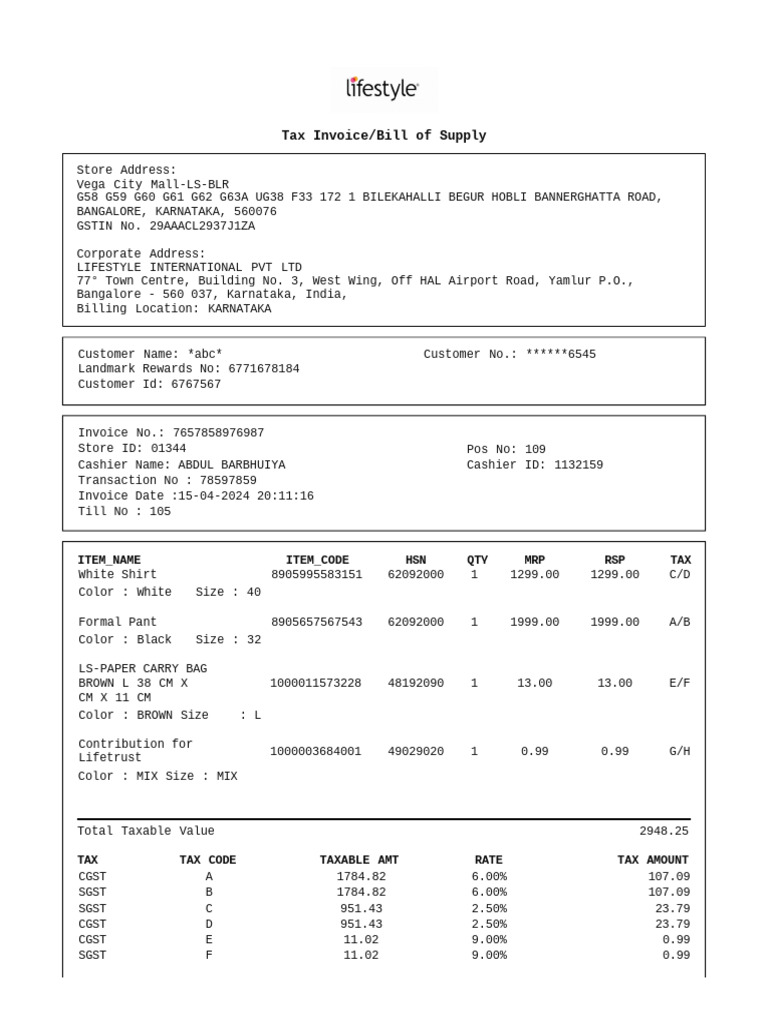 Lifestyle Bill Recipt Template | PDF | Business | Government Finances