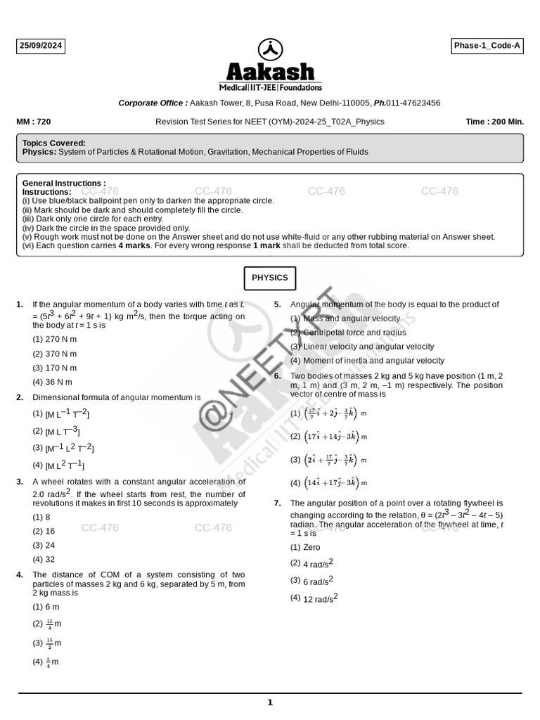 P 02 RTS Oym Question Paper by @neetxrt | PDF | Orbit | Angular Momentum