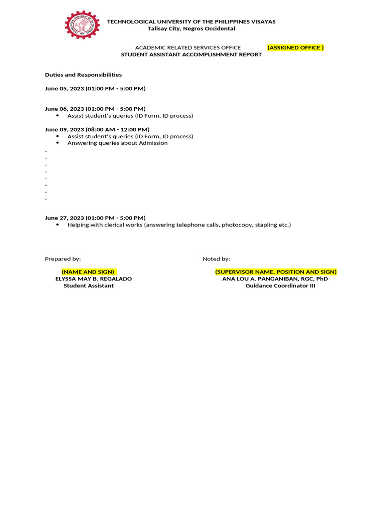 Student Assistant Accomplishment Report | PDF