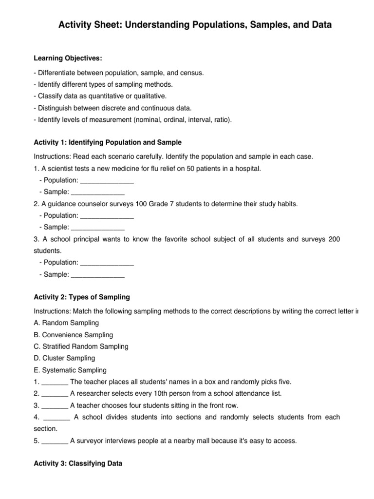7th Grade Population and Sample Worksheet | PDF | Sampling (Statistics ...