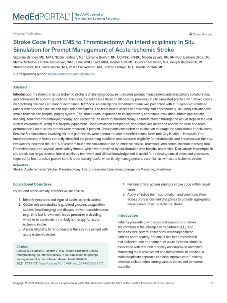 Bentley Et Al 2021 Stroke Code From Ems To Thrombectomy An Interdisciplinary in Situ Simulation ...