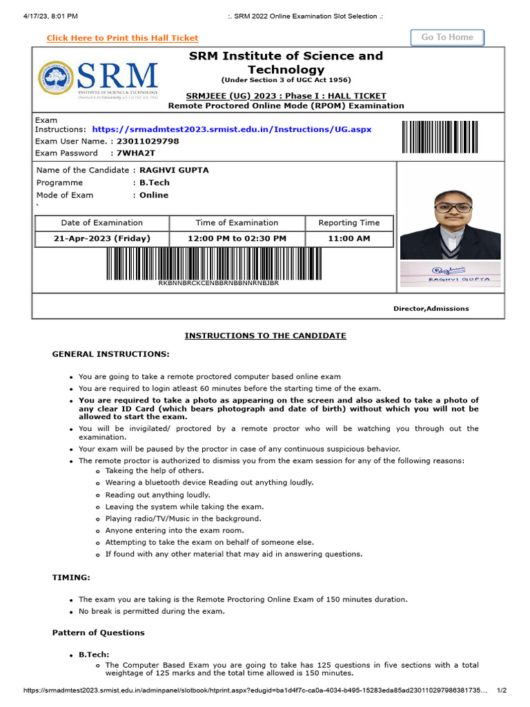 SRMJEEE 2023 Online Exam Instructions | PDF