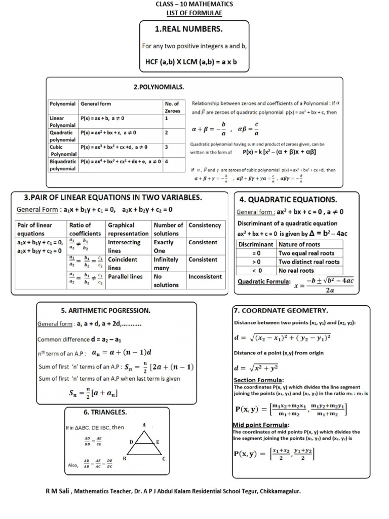 Class 10 Mathematics Formulae List | PDF