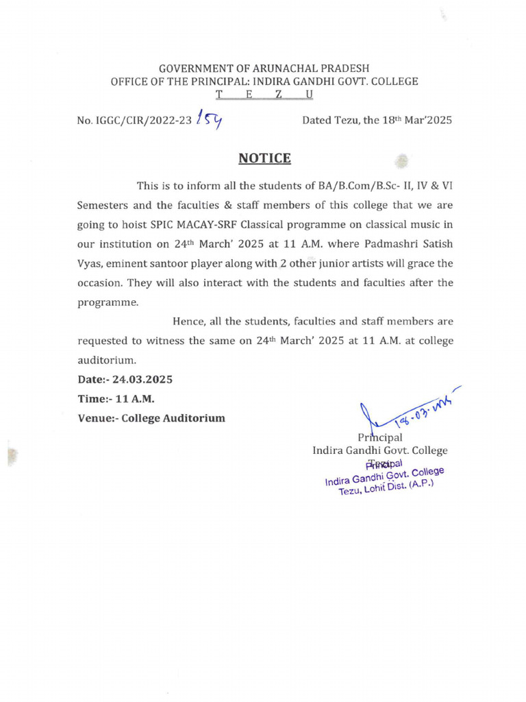 Notice for SPIC MACAY-SRF Classical Programme on Classical Music | PDF