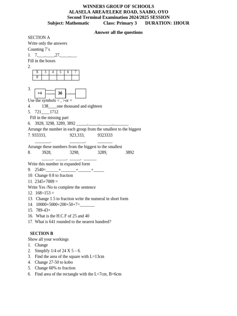 Primary 3 Second Term Exam 2024/2025 | PDF | Ball Games