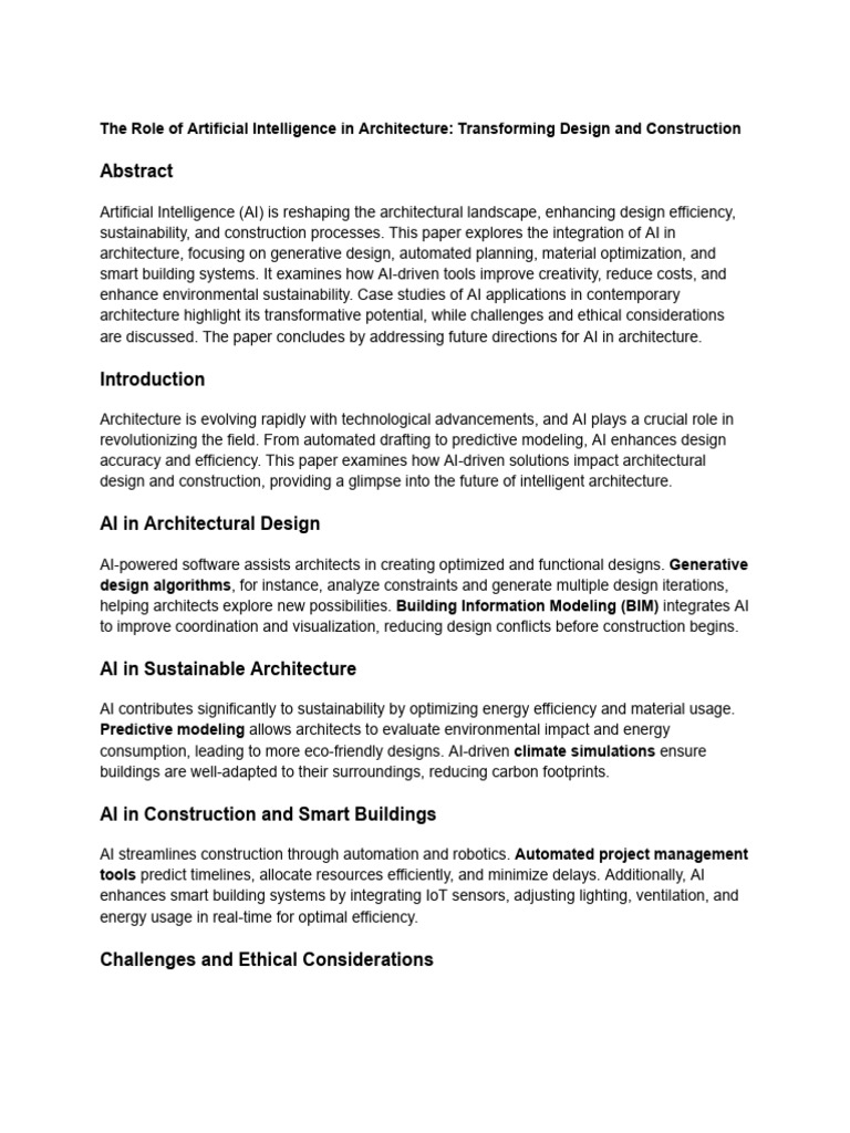 The Role of Artificial Intelligence in Architecture - Transforming Design and Construction | PDF ...