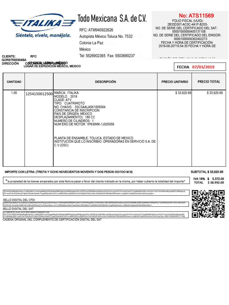 Factura CFDI Cuatrimoto Italika 2019 | PDF | Motociclismo