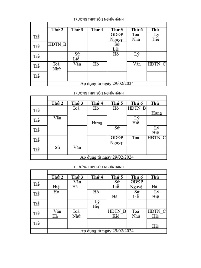 Thời Khoá Biểu Học Sinh Lần 3 - hkii | PDF