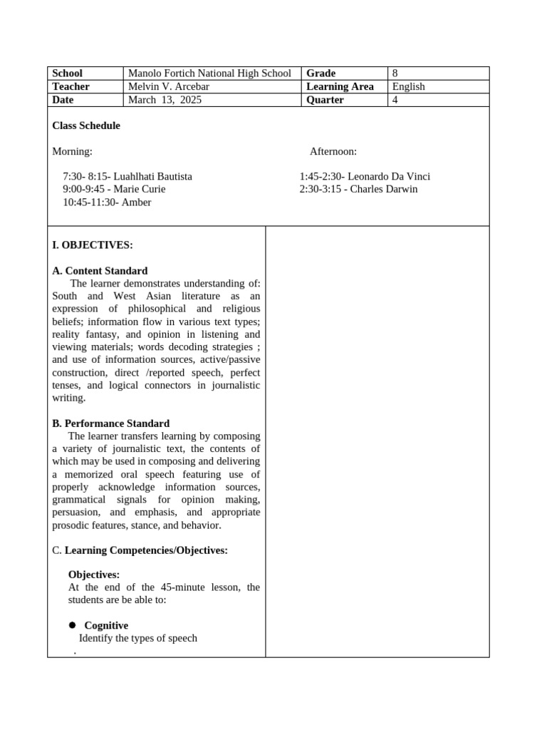 Grade 8 Speech Delivery Lesson Plan | PDF | Speech | Learning