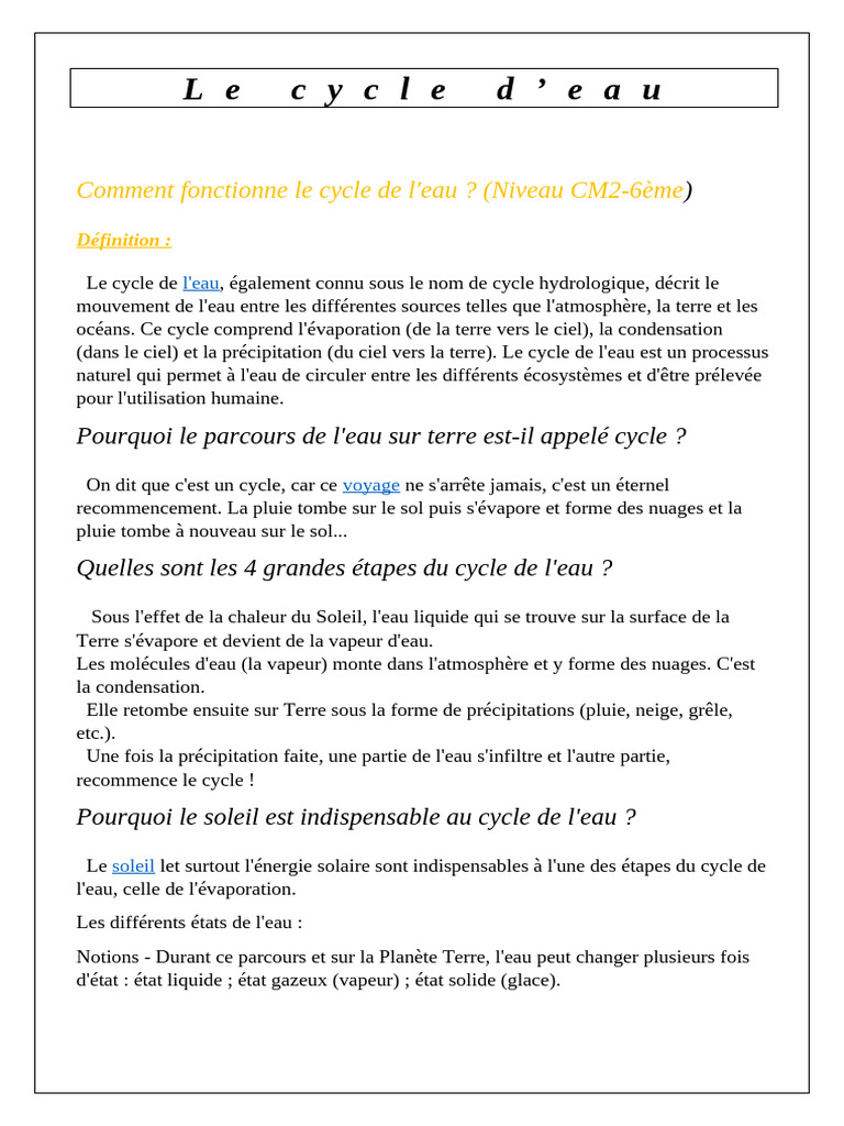 Le cycle de l'eau : étapes et importance | PDF