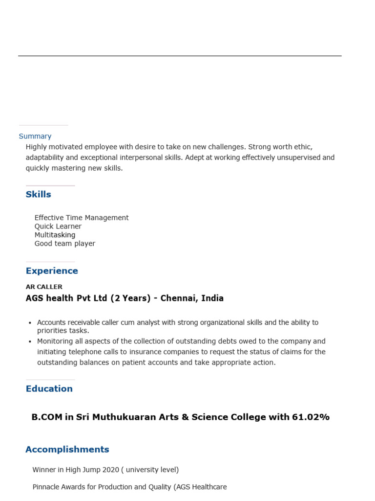 Experienced AR Caller Resume | PDF