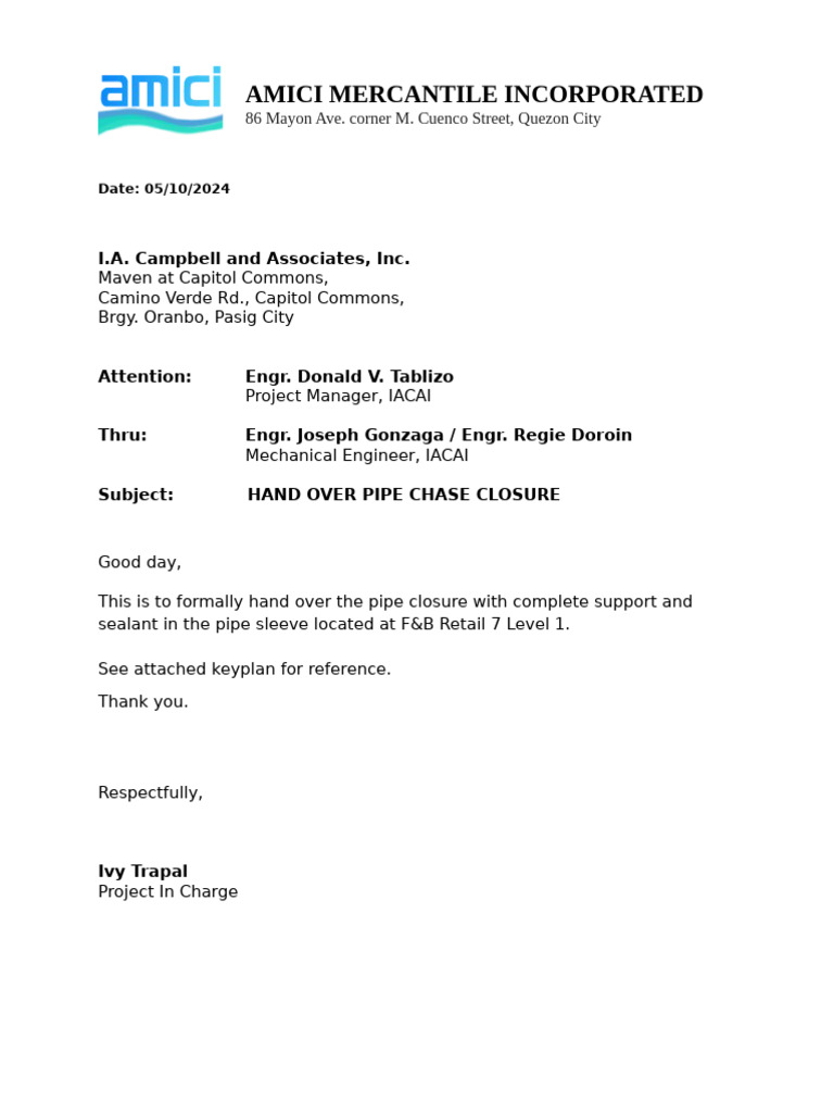 HO Pipechase Closure | PDF