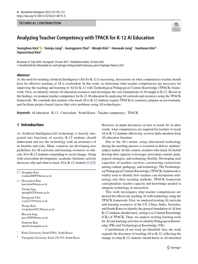 Analyzing Teacher Competency with TPACK for K-12 AI Education | PDF | Artificial Intelligence ...