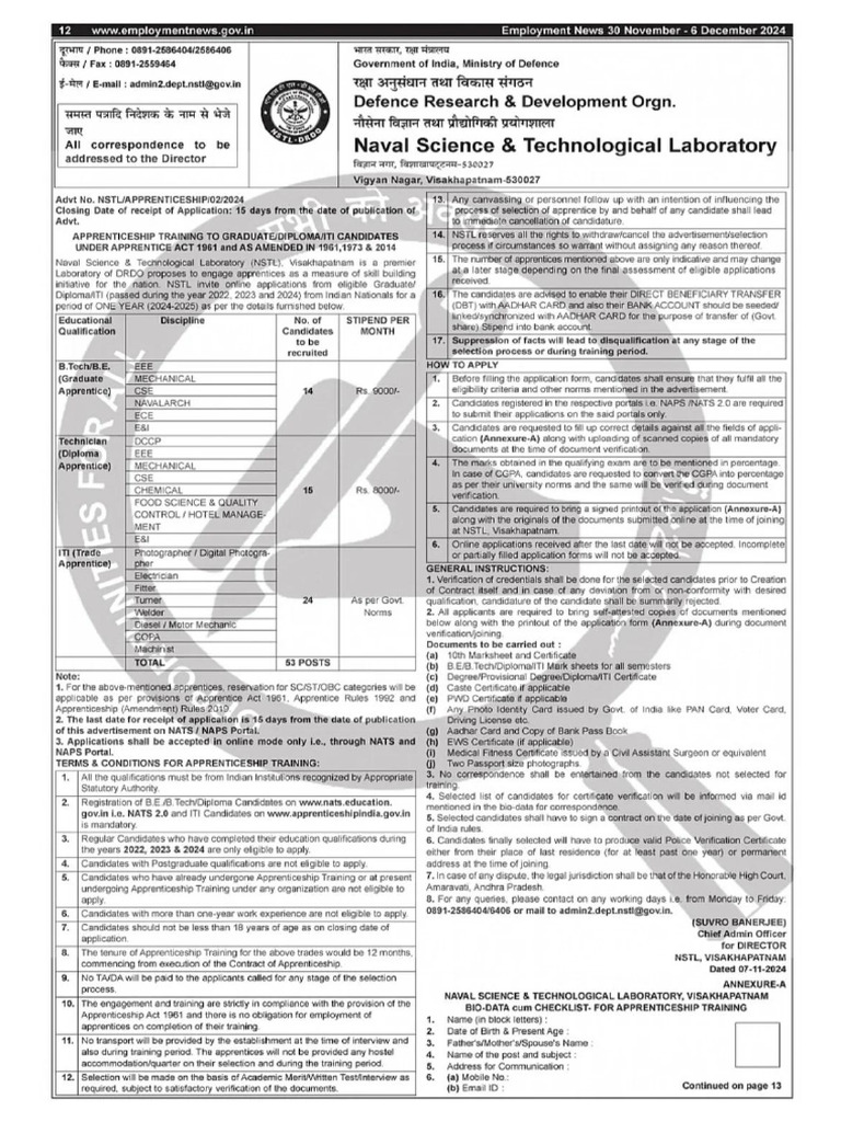 Drdo Apprenticeship Notification 2024 | PDF