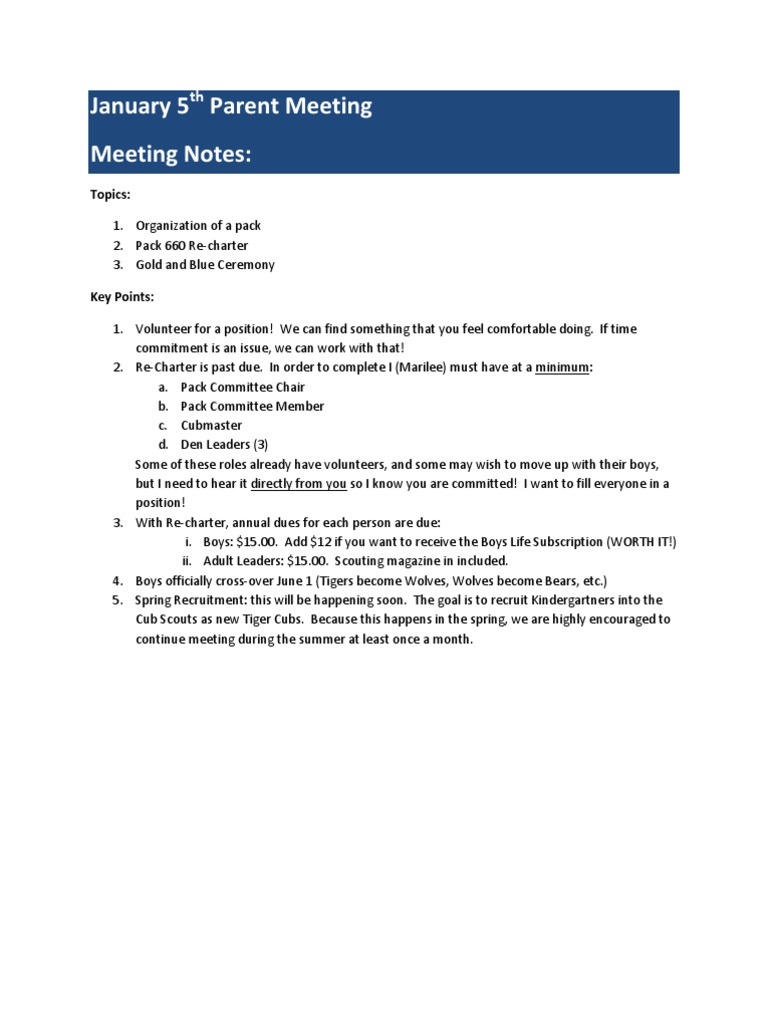 Pack 660 January 5, 2012 Parent Meeting Notes | PDF | Boy Scouts Of ...