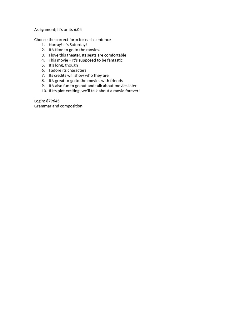 It's vs. Its: Grammar Exercise | PDF