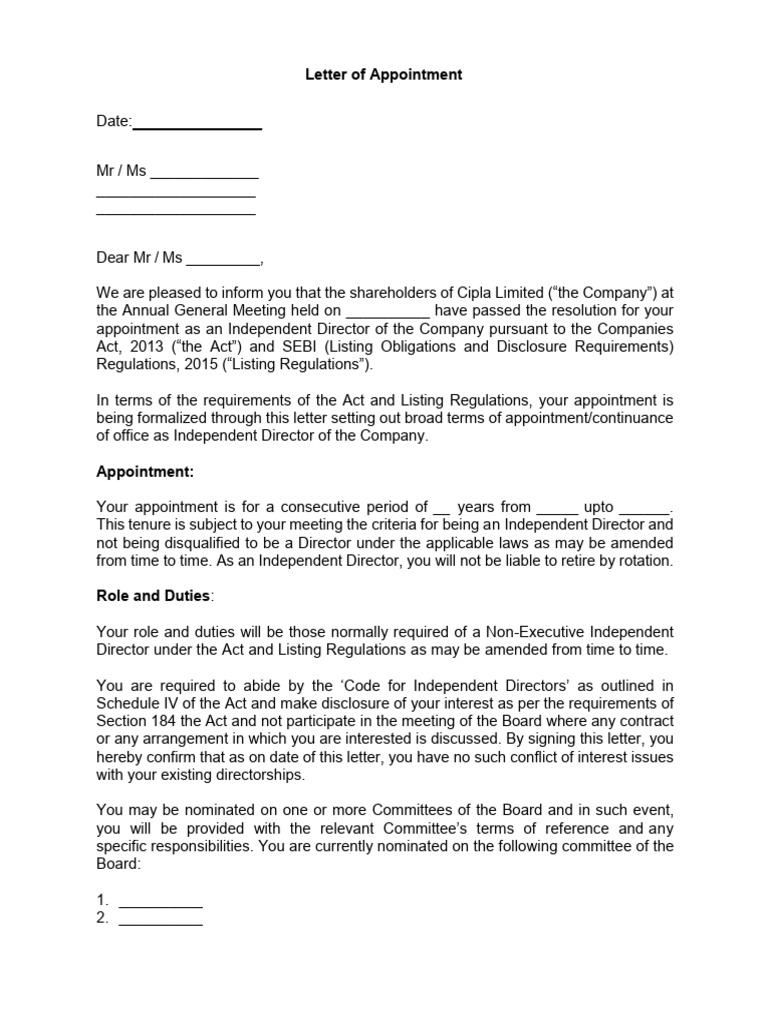Appointment Letter for Independent Director | PDF | Board Of Directors ...