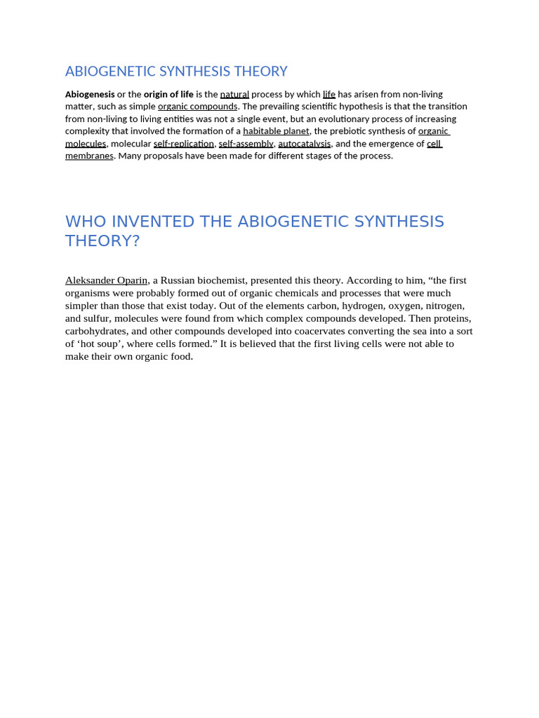 Abiogenetic Synthesis Theory Explained | PDF