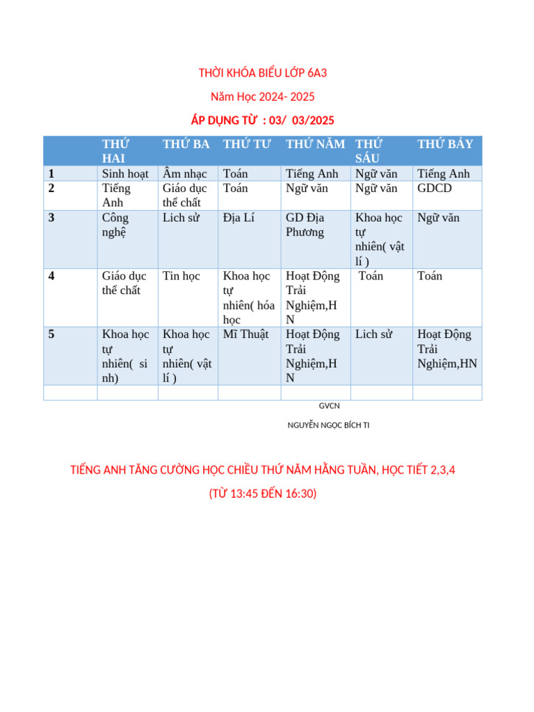 THỜI KHÓA BIỂU LỚP 6A3 | PDF