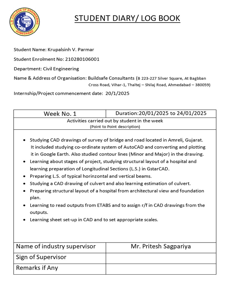Student Diary or Logbook Format-Week-1 | PDF