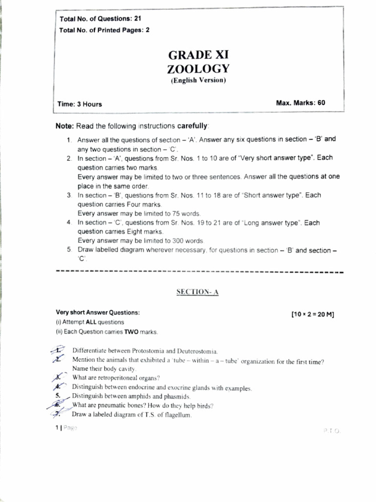 1st Year Zoology Question Paper 2023 | PDF | Biology | Zoology