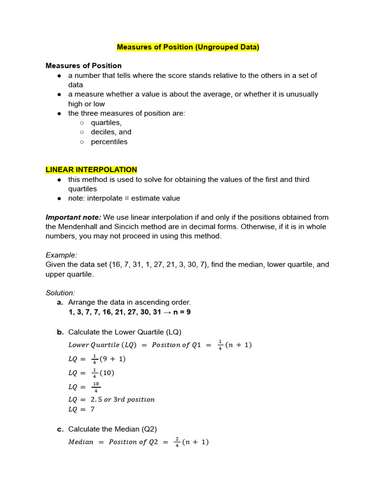 Lecture Notes MCP Ungrouped Quartiles Linear Interpolation Method | PDF ...