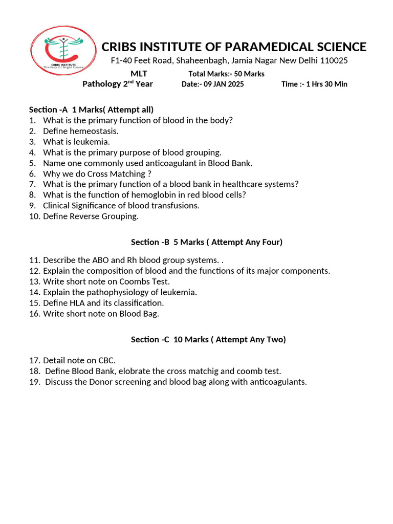 Pathology Question Paper (2nd Year MLT) | PDF