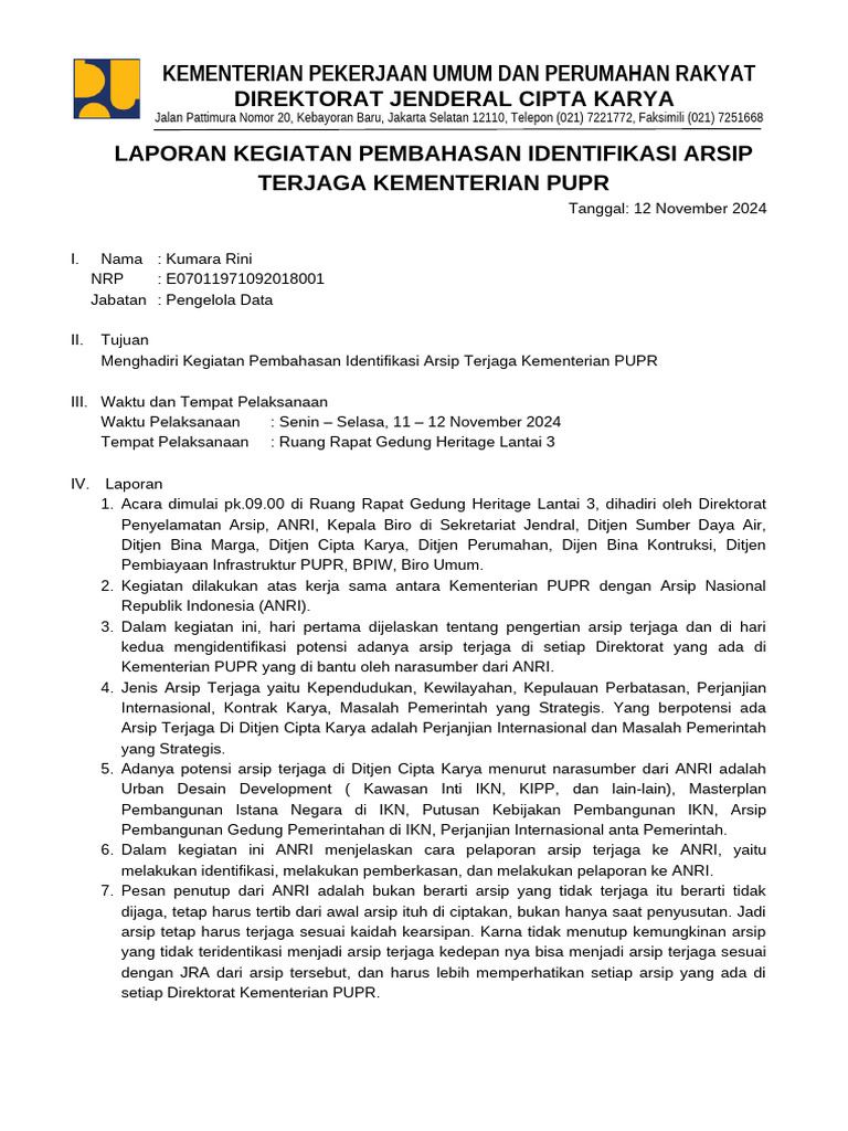 Identifikasi Arsip Terjaga Kementerian PUPR | PDF