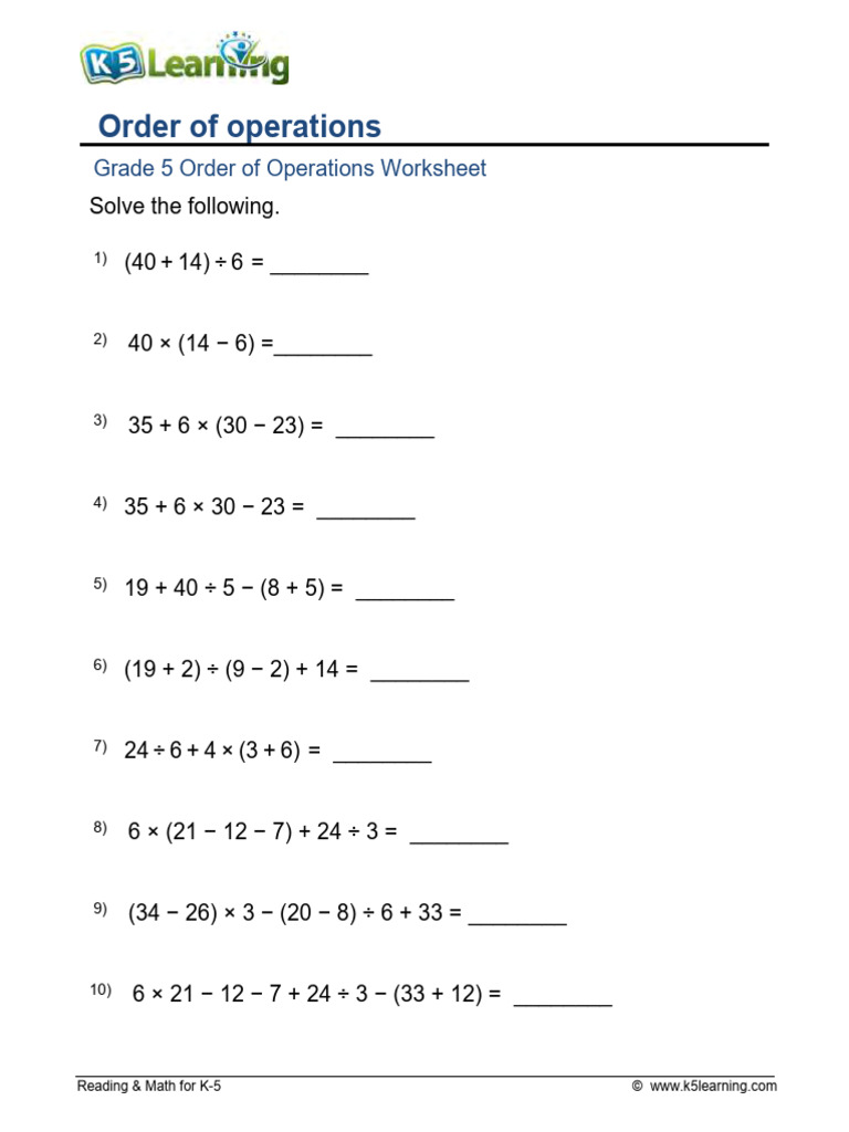 Grade 5 Order Operations B | PDF