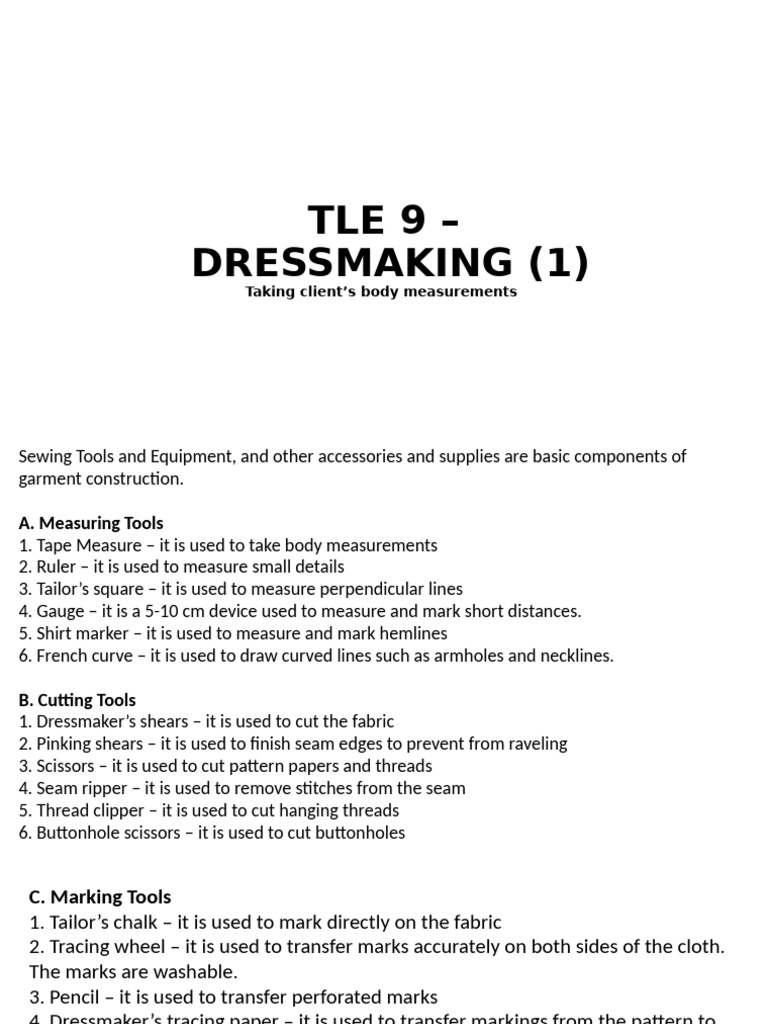 TLE 9 Sewing Tools and Equipment | PDF | Seam (Sewing) | Sewing