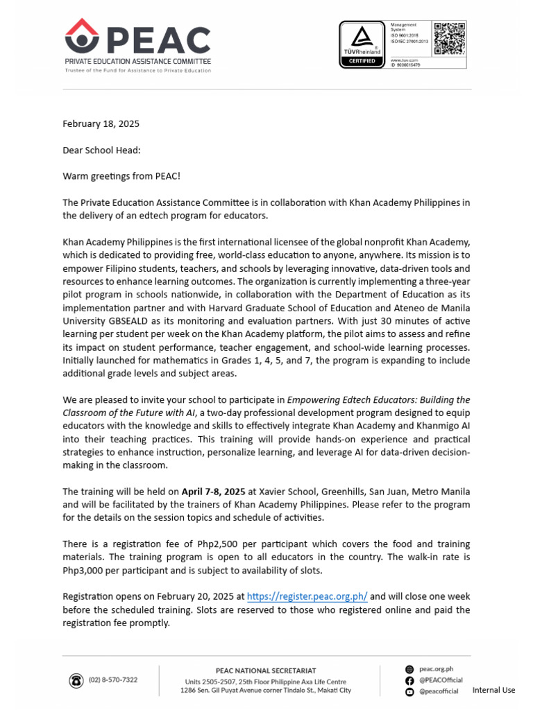 Invitation Letter - PEAC X Khan Academy Training | PDF | Educational ...