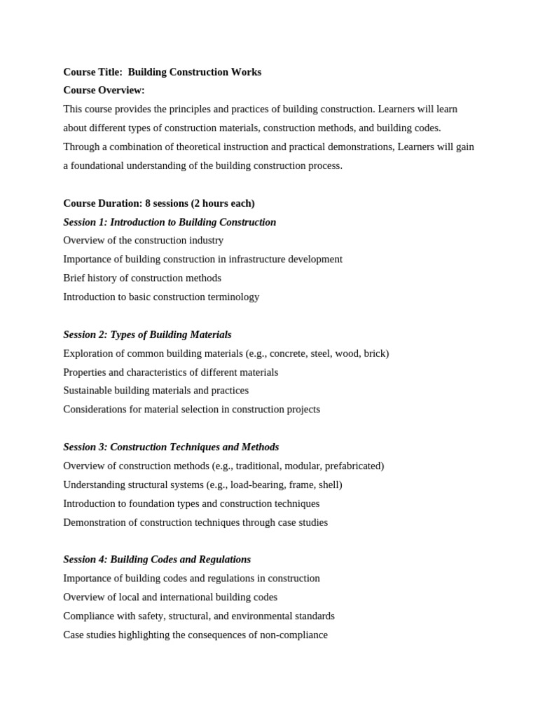 Building Construction Course Overview | PDF | Building Materials | Safety