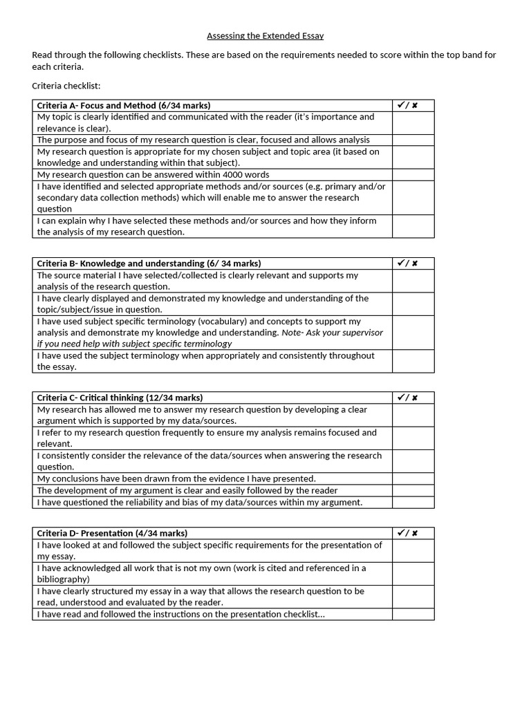 Assessing The Extended Essay - Criteria Check List | PDF | Essays ...