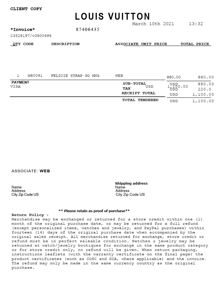 Louis Vuitton Receipt March 2021 | PDF