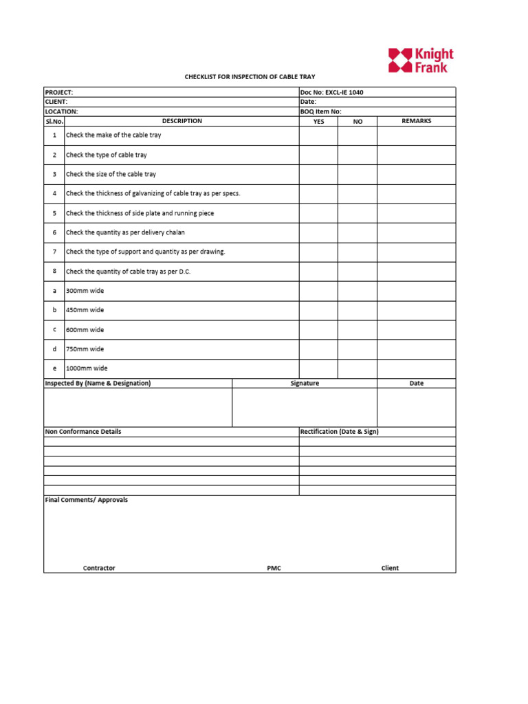 Cable Tray Inspection Checklist | PDF