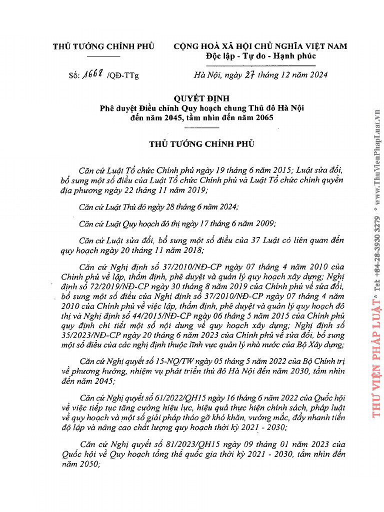 QĐ 1668 TTg Ngày 27.12.2024 Phê Duyệt Điều Chỉnh Quy Hoạch Chung Thủ Đô ...